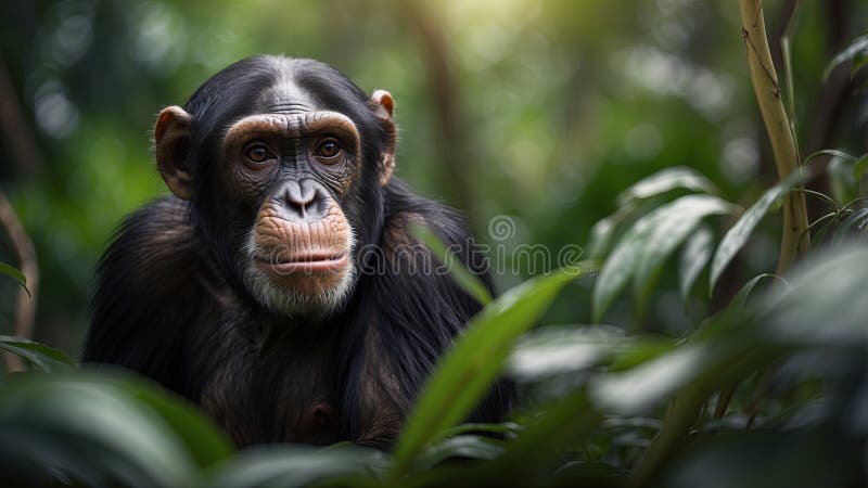 Curious Chimpanzee Observing in Lush Tropical Jungle Habitat. Stock ...