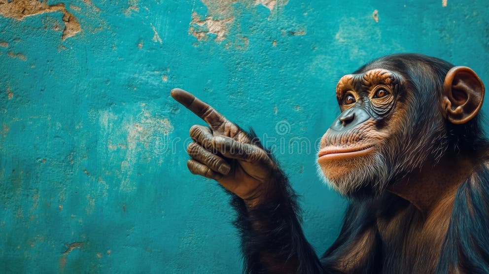 Curious Chimpanzee Pointing Against Teal Wall Stock Illustration ...