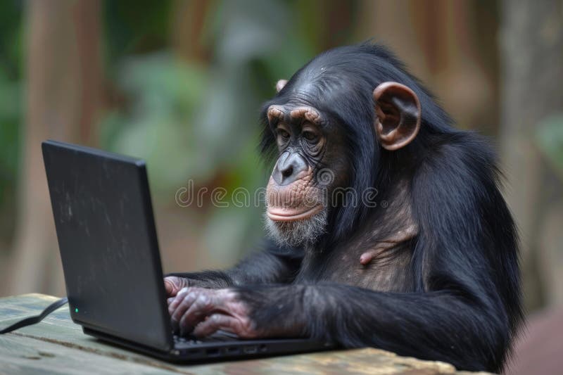Curious Chimpanzee Using Laptop Computer for Modern Technology Concept ...