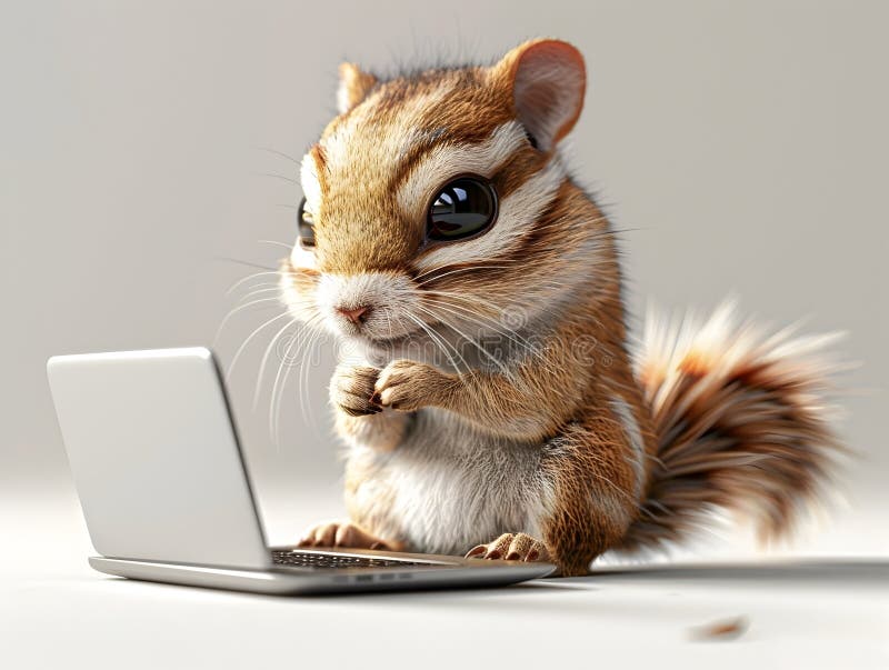 Curious Chipmunk Using Compact Laptop Computer on Minimalist White ...