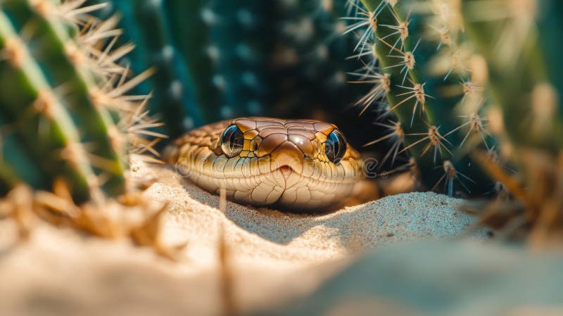A Curious Creature Peeks through Cacti in a Desert Landscape. Its ...