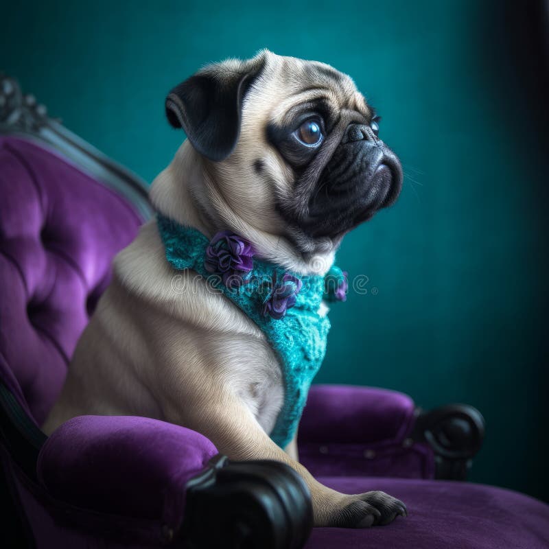 Curious Cute Pug on Purple Sofa Generative AI Stock Illustration ...