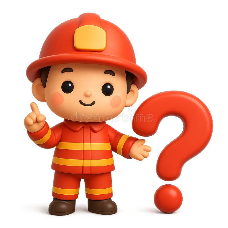 Curious 3D Cartoon Firefighter Pointing at a Big Red Question Mark ...