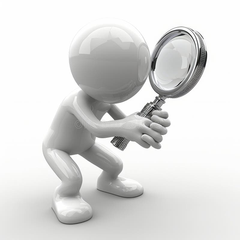 Curious 3D Character Looking through Magnifying Glass on White ...