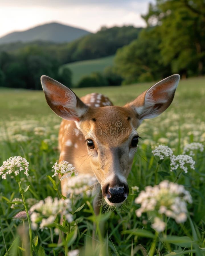 Curious Deer in a Field of Wildflowers Stock Illustration ...