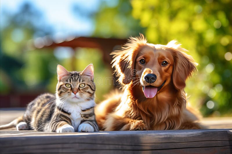 Curious Dog and Cat Outdoors. Friendly Pets Sitting and Looking at ...