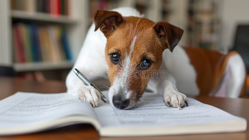 Curious Dog Examining Open Book with Pen, Exploring New Knowledge ...