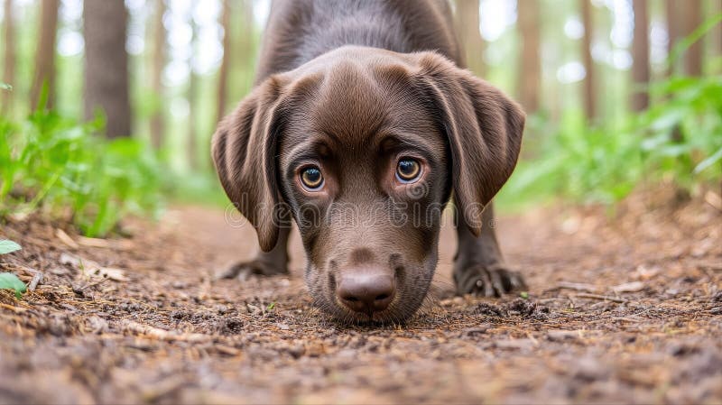 Curious Dog Exploring a Forest Trail while Sniffing the Ground with a ...