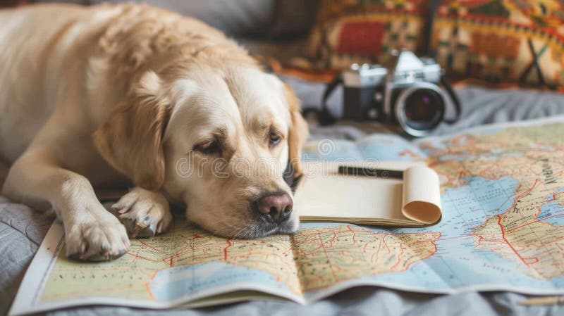 Curious Dog Exploring Map with Camera and Notebook for Travel Adventure ...