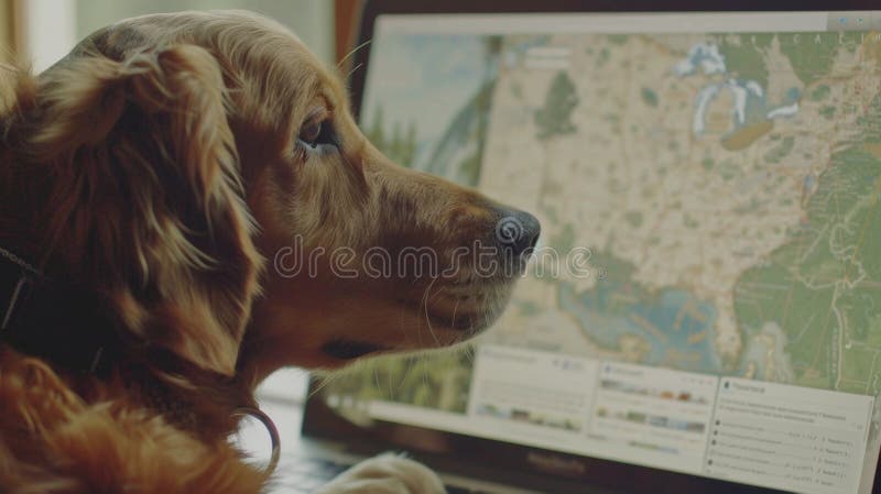 Curious Dog Exploring a Map on Laptop Screen for Travel Inspiration ...
