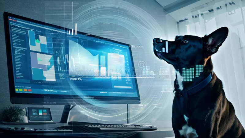 Curious Dog Looking at Futuristic Computer Screen with with Complex ...