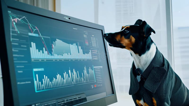 Curious Dog Looking at Futuristic Computer Screen with with Complex ...