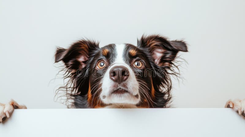 Curious Dog Peeking Over White Surface with Engaging Expression Stock ...