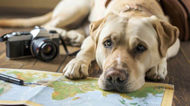 Curious Dog Relaxing with Map and Camera for Travel Adventure Stock ...