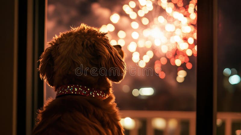 Curious Dog Watching Fireworks through a Window Symbolizing Wonder and ...