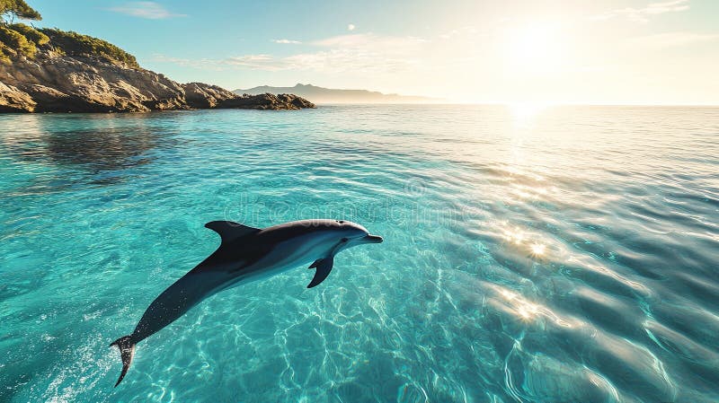 A Curious Dolphin Leaping Out of the Crystal-clear Ocean, with Stock ...
