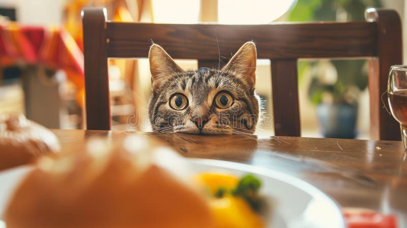 Curious Domestic Cat Peeking Out and Staring at Delicious Breakfast on ...