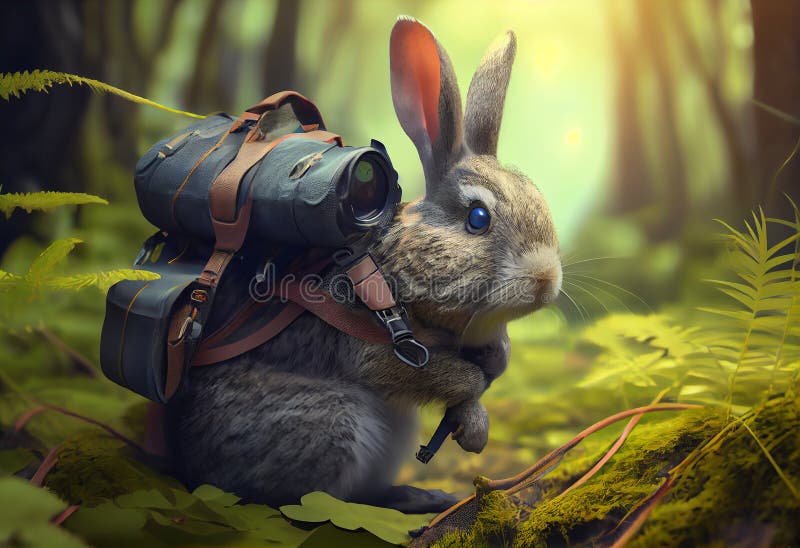 Curious Easter Bunny with Binoculars and Backpack in the Forest Stock ...