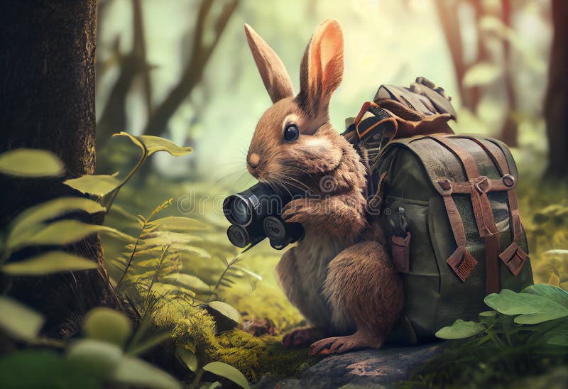 Curious Easter Bunny with Binoculars and Backpack in the Forest Stock ...