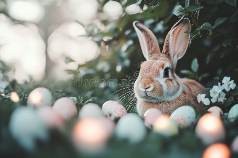 A Curious Easter Bunny Peeking Out from Behind a Patch of Flowers, with ...