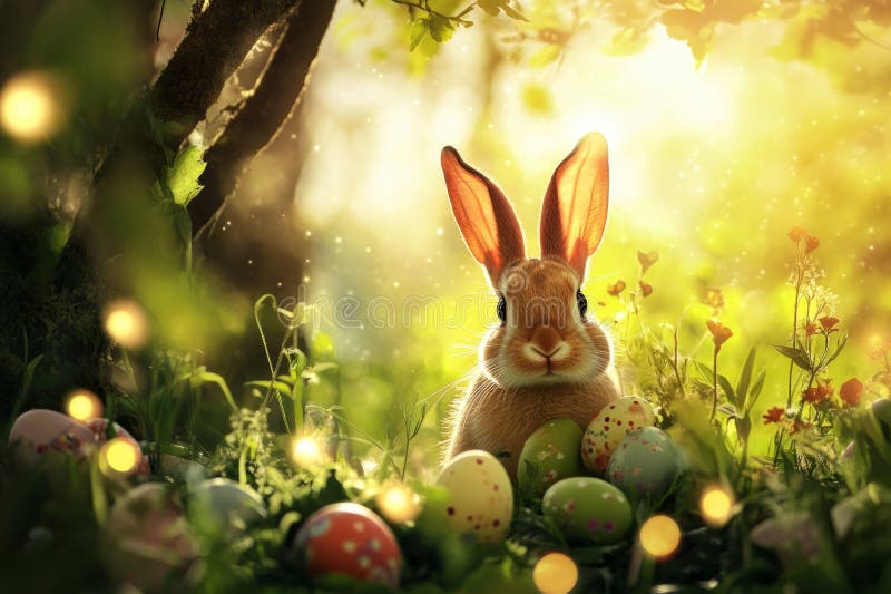 A Curious Easter Bunny Peeking Out from Behind a Patch of Flowers, with ...