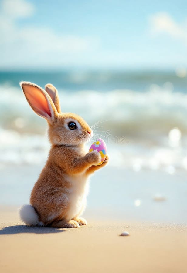 Curious Easter Bunny on a Quiet Beach Holding an Egg in a Tranquil ...