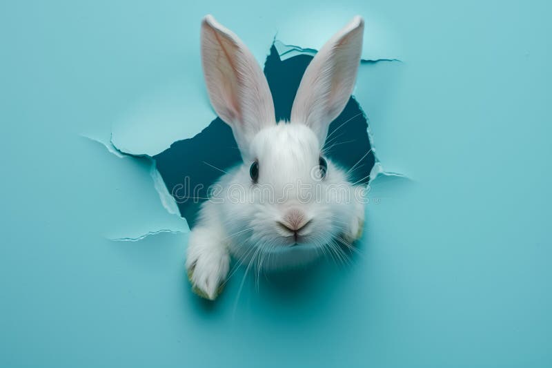 Curious Easter Bunny or Rabbit Peeking through a Hole on Soft Blue ...