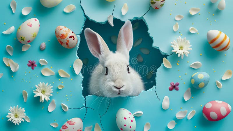 Curious Easter Bunny Peeking through Hole from Soft Blue Wall with ...