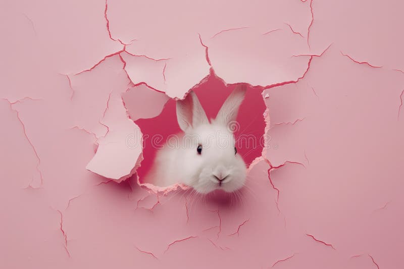 Curious Easter Bunny or Rabbit Peeking through a Hole on Soft Pink ...