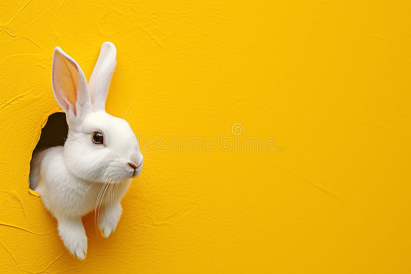 Curious Easter Bunny or Rabbit Peeking through a Hole on Yellow ...