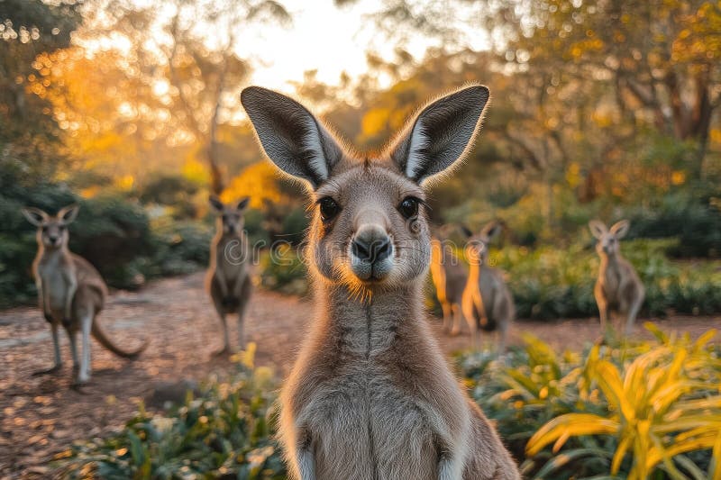 Curious Eastern Grey Kangaroo Posing with Family at Sunset in Australia ...