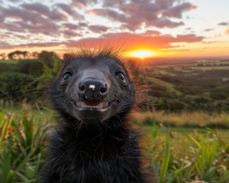 Adorable Close Up of a Smiling Baby Emu Against a Stunning Sunset ...