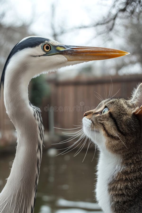 Curious Encounter a Blue Heron and Tabby Cat Exchange an Intriguing ...