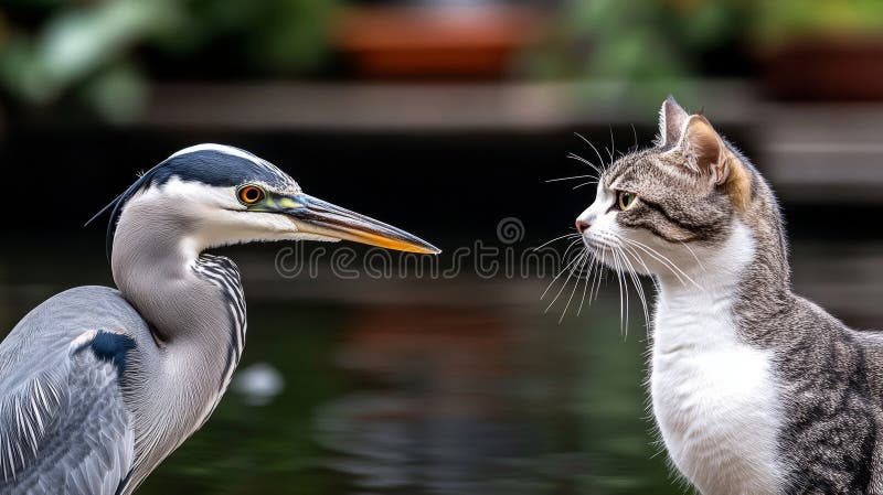 Curious Encounter a Grey Heron and Cat Facing Off in a Moment of ...