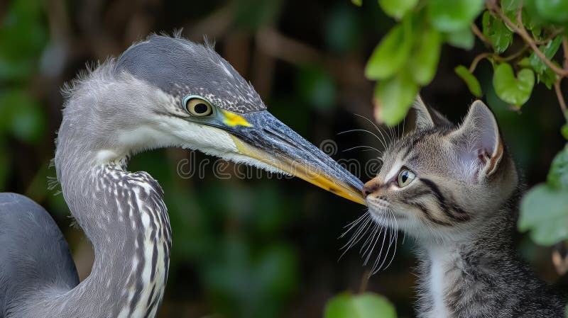 Curious Encounter a Grey Heron and Tabby Cat Share a Moment of ...