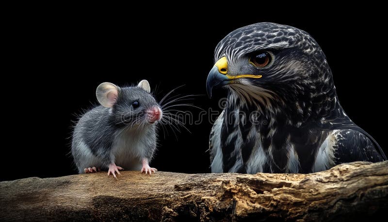 Curious Encounter Hawk and Mouse Perched Together on a Branch, Isolated ...