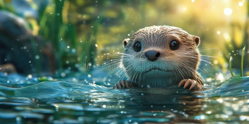 Curious Encounter: a Curious Otter Pops Its Head Above the Water Stock ...