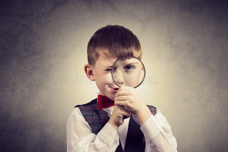 Curious Boy is Exploring Nature with Magnifying Glass Outdoors Stock ...