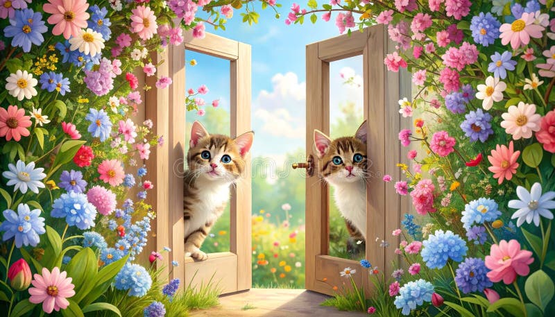 Curious Felines, Two Cats Explore the World from an Open Doorway Two ...
