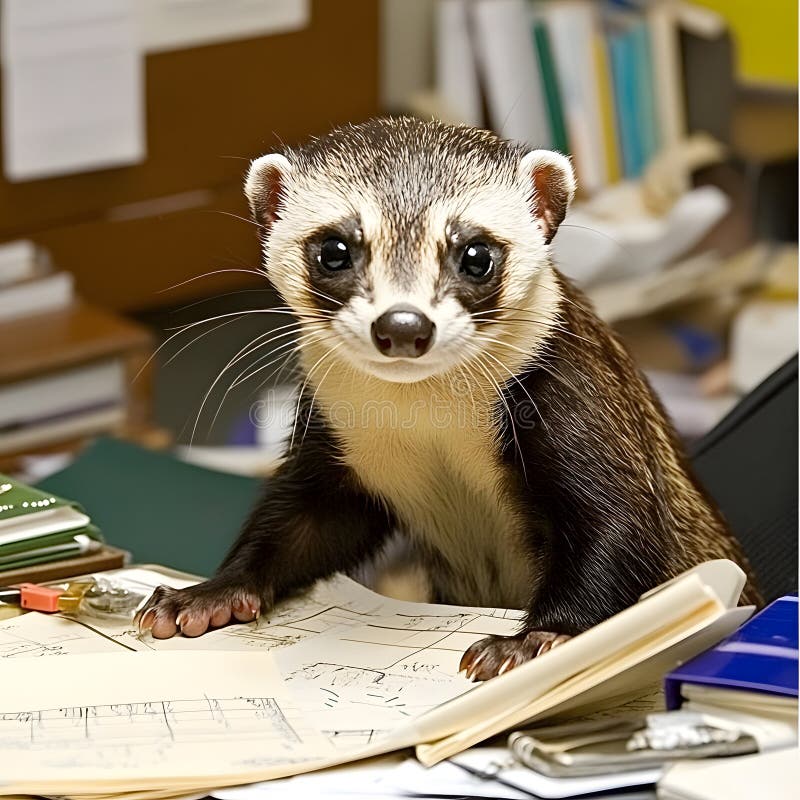 Curious Ferret Exploring a Cluttered Desk Stock Illustration ...