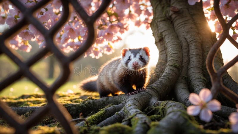 Adorable Ferret Posing Near Blooming Cherry Tree in Springtime Stock ...