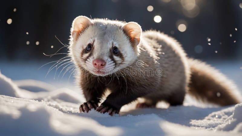 Adorable Baby Ferret Playing in Snowy Winter Wonderland Stock ...