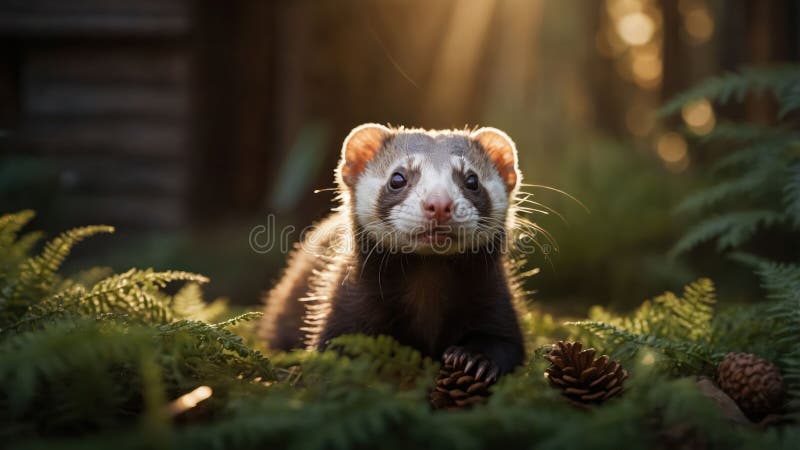 Adorable Ferret in Golden Sunlight Amongst Ferns and Pine Cones Stock ...