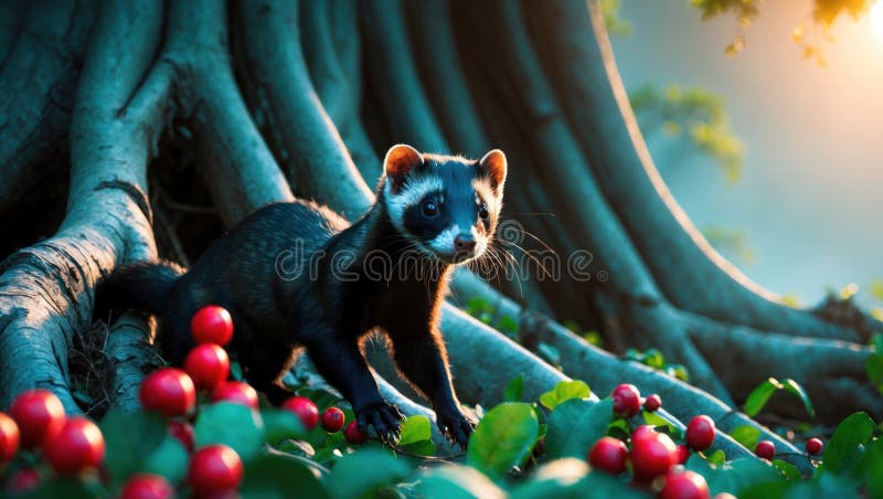 Charming Young Ferret Exploring Lush Forest Undergrowth Stock ...