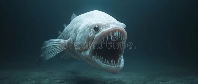 Curious Fish with Sharp Teeth Swimming in Dark Underwater Environment ...