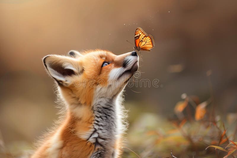 Curious Fox Cub Nose-to-nose with Delicate Monarch Butterfly in Serene ...