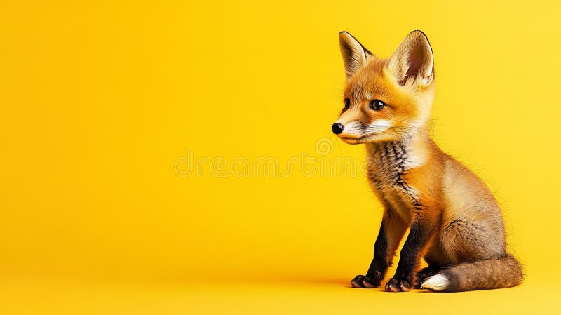 A Curious Fox Cub on a Warm Yellow Background, Sideway, High Stock ...