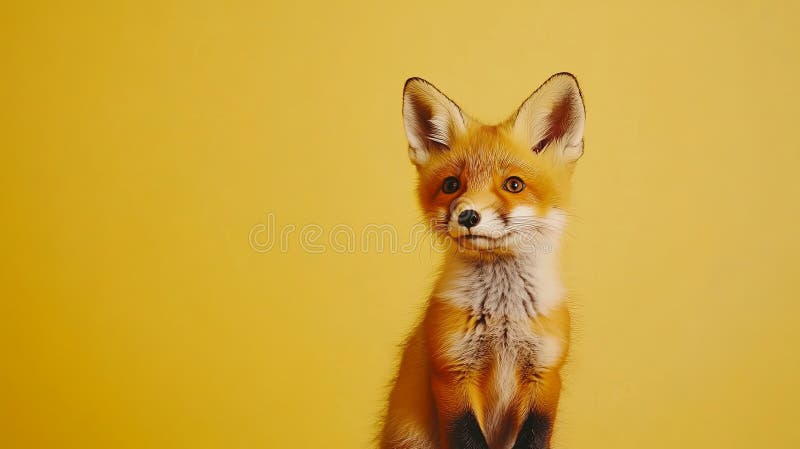 A Curious Fox Cub on a Warm Yellow Background, Sideway, High Stock ...