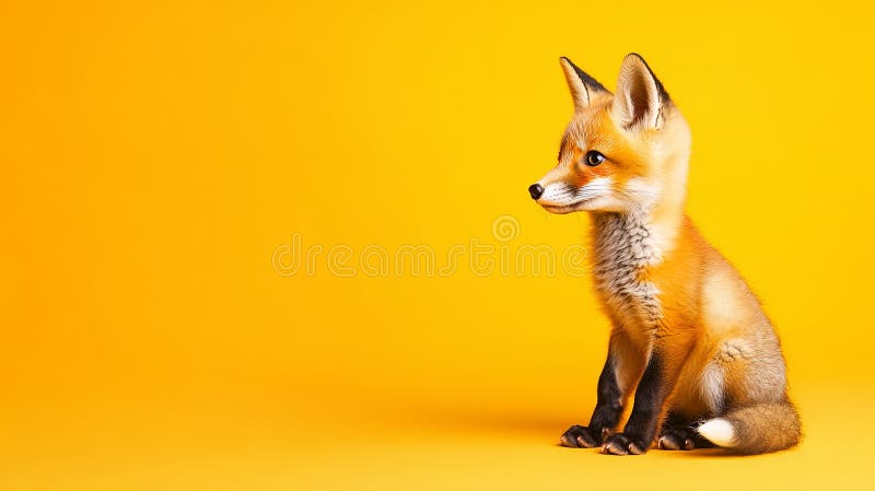A Curious Fox Cub on a Warm Yellow Background, Sideway, High Stock ...