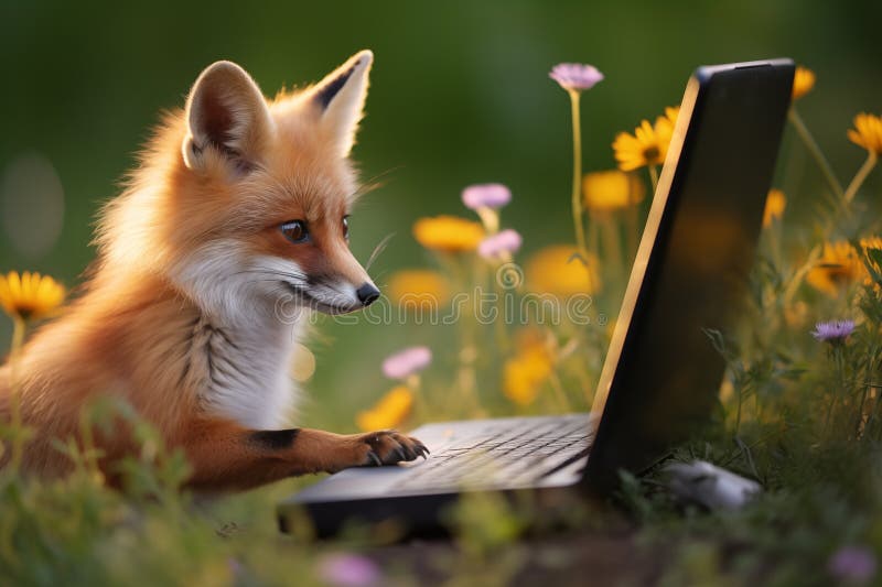 Curious Fox Interacts with Laptop in Wildflower Meadow Stock ...